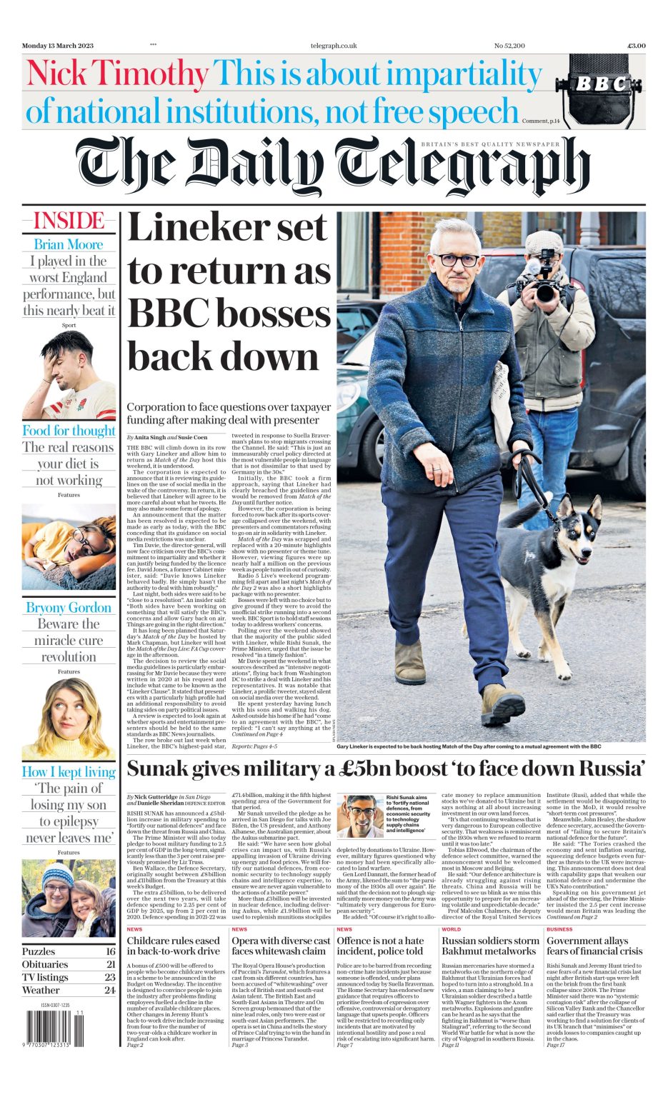 Daily Telegraph Front Page 13th of March 2023 - Tomorrow's Papers Today!