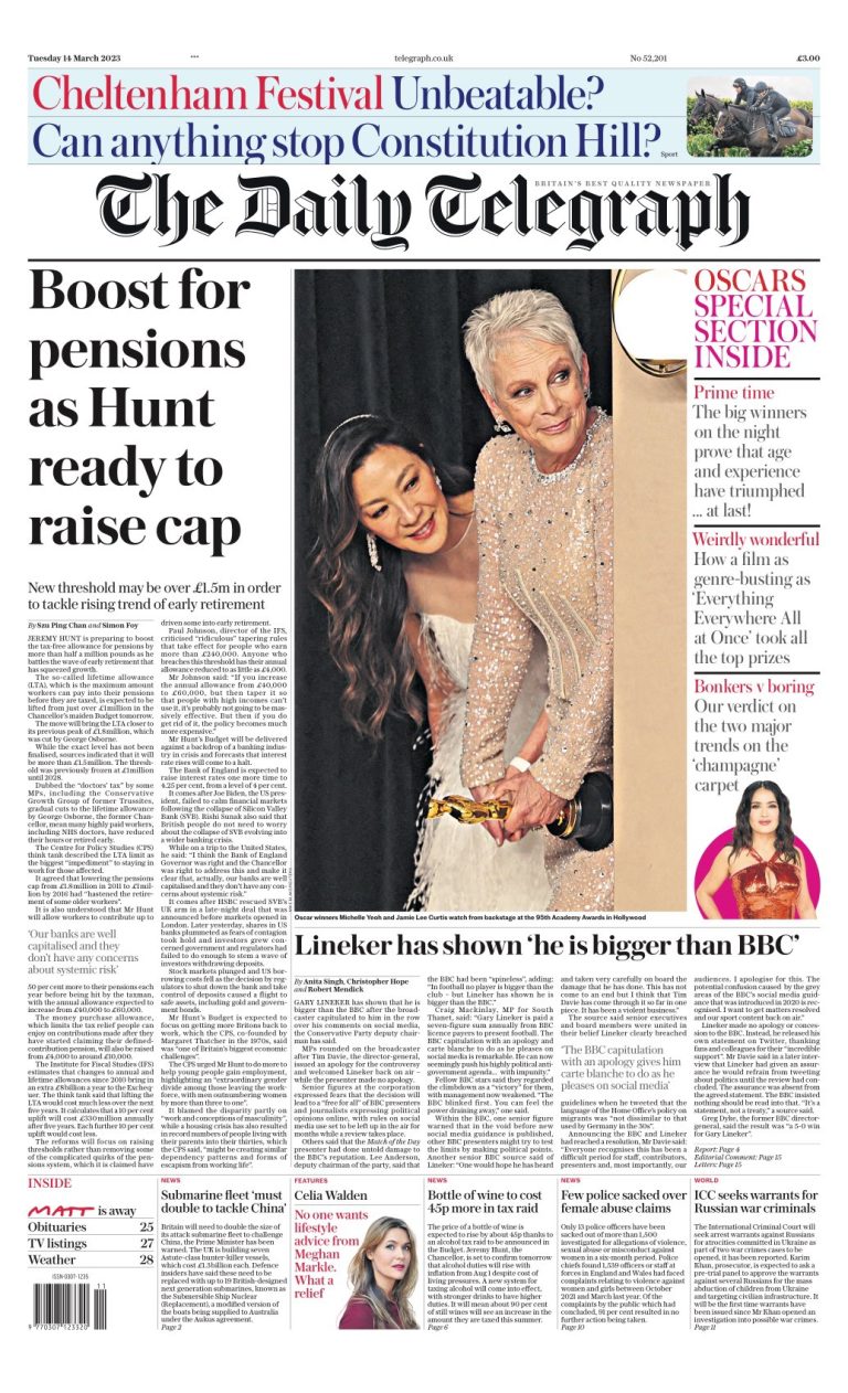 Daily Telegraph Front Page 14th of March 2023 - Tomorrow's Papers Today!