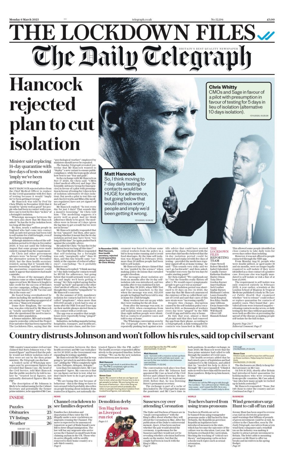 Daily Telegraph Front Page 6th of March 2023 - Tomorrow's Papers Today!