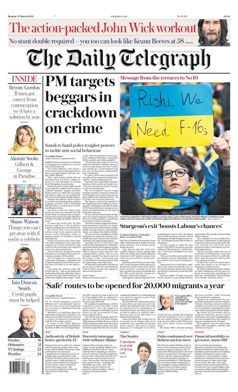 Daily Telegraph Front Page 27th of March 2023 - Tomorrow's Papers Today!