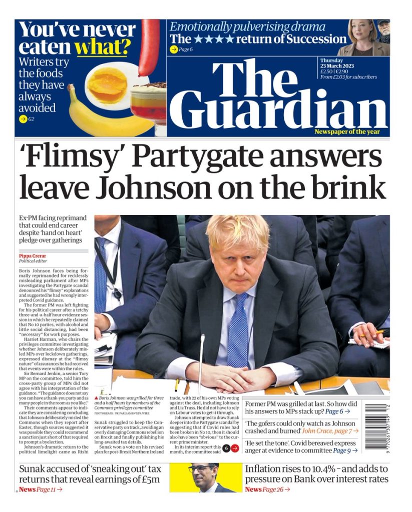 Guardian Front Page 23rd of March 2023 - Tomorrow's Papers Today!