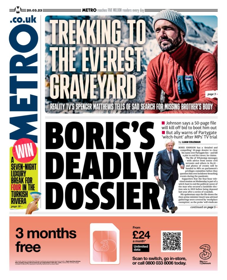Metro Front Page 20th of March 2023 - Tomorrow's Papers Today!