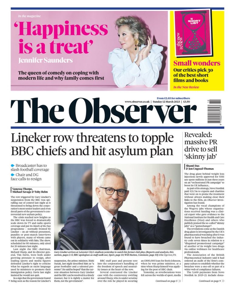 Observer Front Page 12th of March 2023 - Tomorrow's Papers Today!