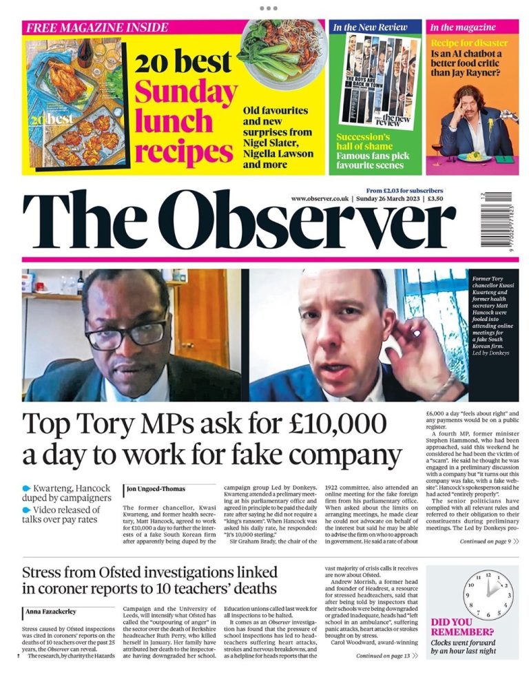 Observer Front Page 26th of March 2023 - Tomorrow's Papers Today!
