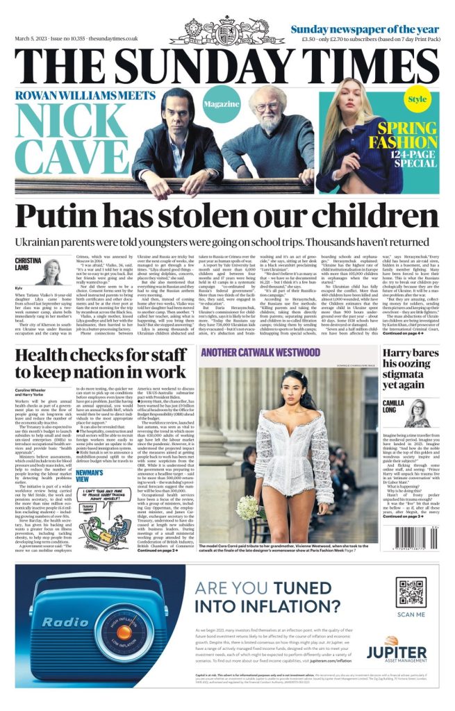 Sunday Times Front Page 5th of March 2023 - Tomorrow's Papers Today!