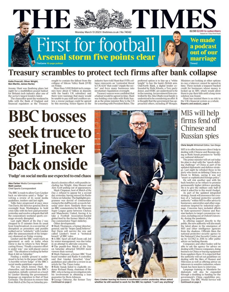 Times Front Page 13th of March 2023 - Tomorrow's Papers Today!