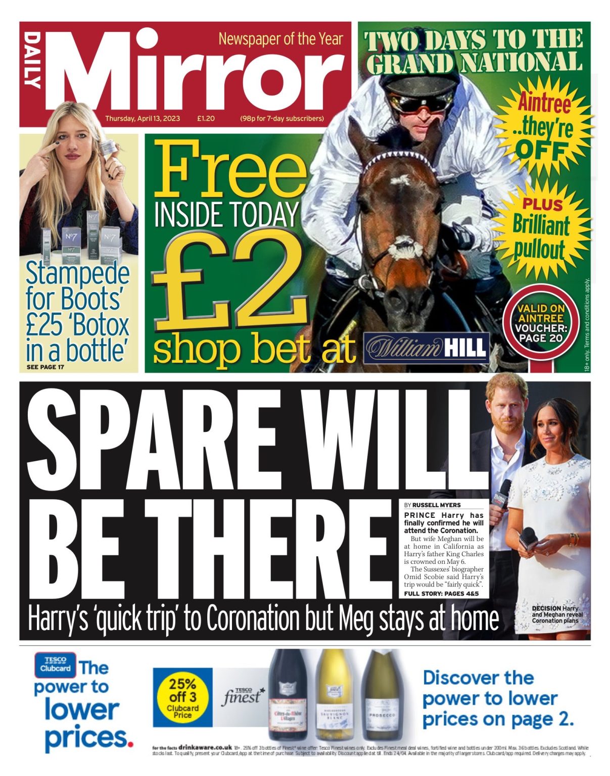 Daily Mirror Front Page 13th of April 2023 - Tomorrow's Papers Today!