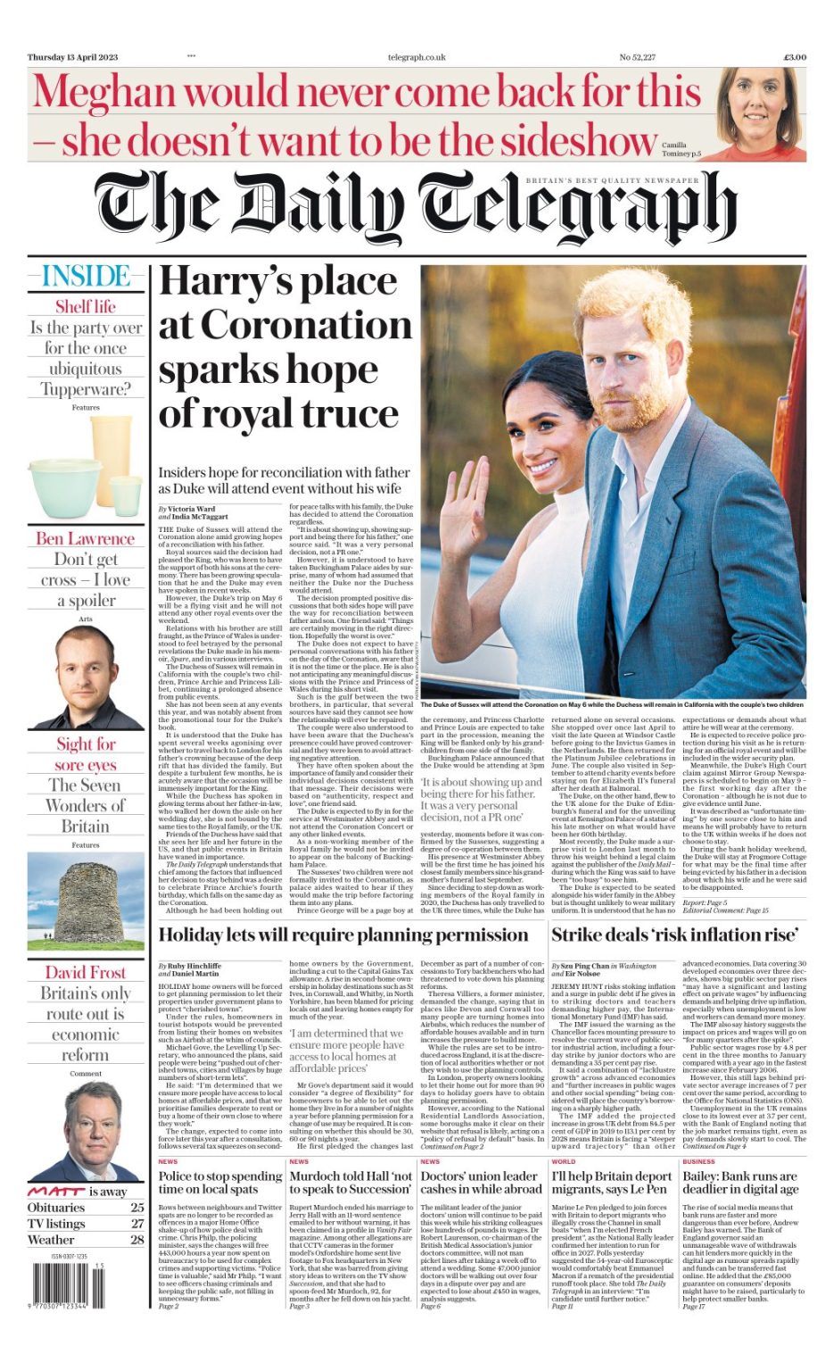 Daily Telegraph Front Page 13th of April 2023 - Tomorrow's Papers Today!