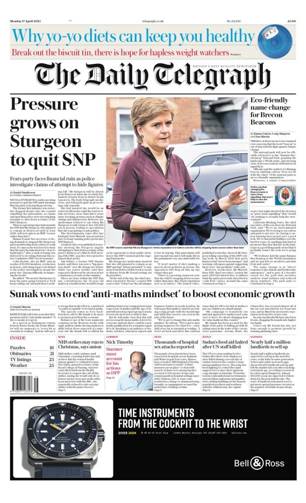 Daily Telegraph Front Page 17th of April 2023 - Tomorrow's Papers Today!