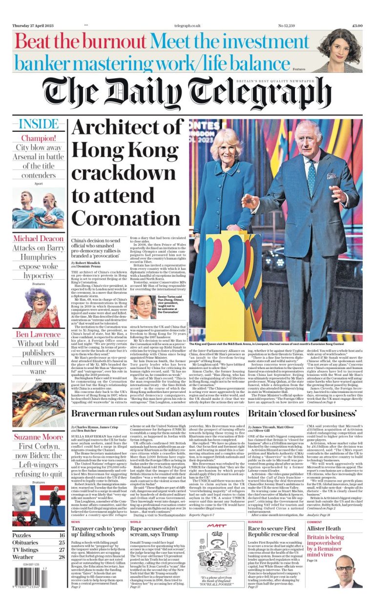 Daily Telegraph Front Page 27th of April 2023 - Tomorrow's Papers Today!
