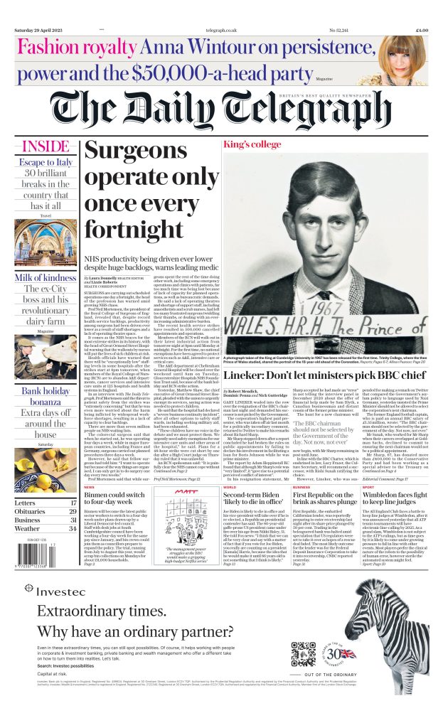 Daily Telegraph Front Page 29th of April 2023 - Tomorrow's Papers Today!