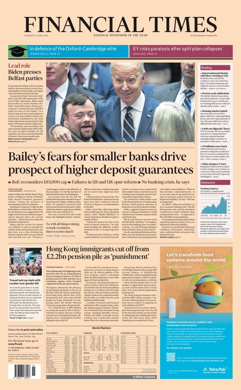 Financial Times Front Page 13th of April 2023 - Tomorrow's Papers Today!