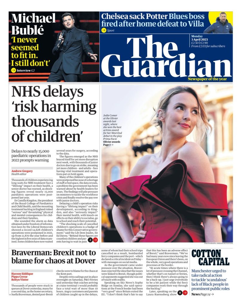 Guardian Front Page 3rd of April 2023 - Tomorrow's Papers Today!