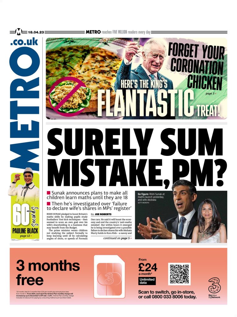 Metro Front Page 18th of April 2023 - Tomorrow's Papers Today!