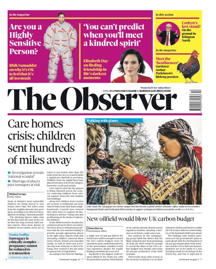 Observer Front Page 2nd of April 2023 - Tomorrow's Papers Today!