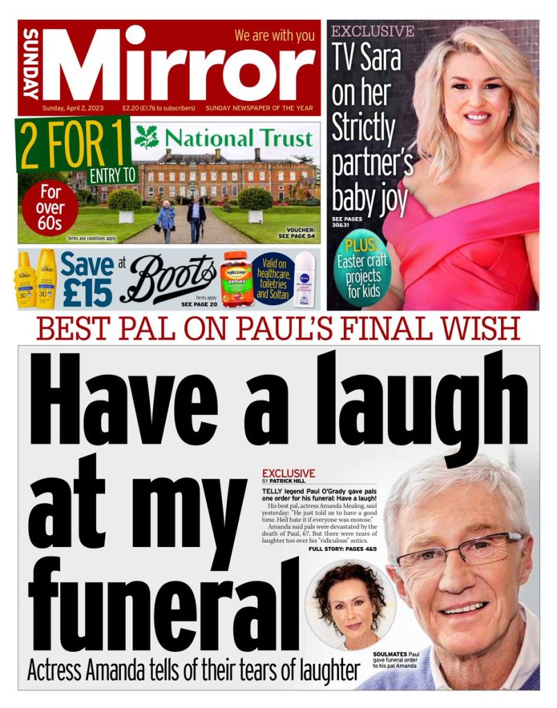 Sunday Mirror Front Page 2nd of April 2023 - Tomorrow's Papers Today!