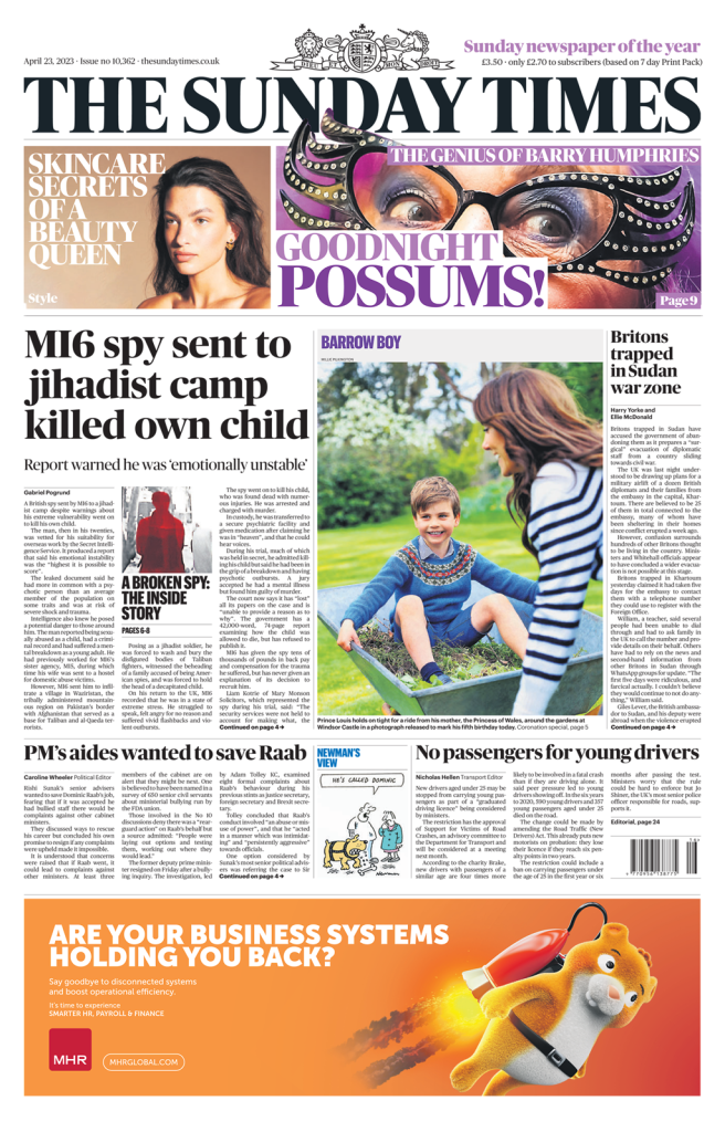 Sunday Times Front Page 23rd of April 2023 - Tomorrow's Papers Today!