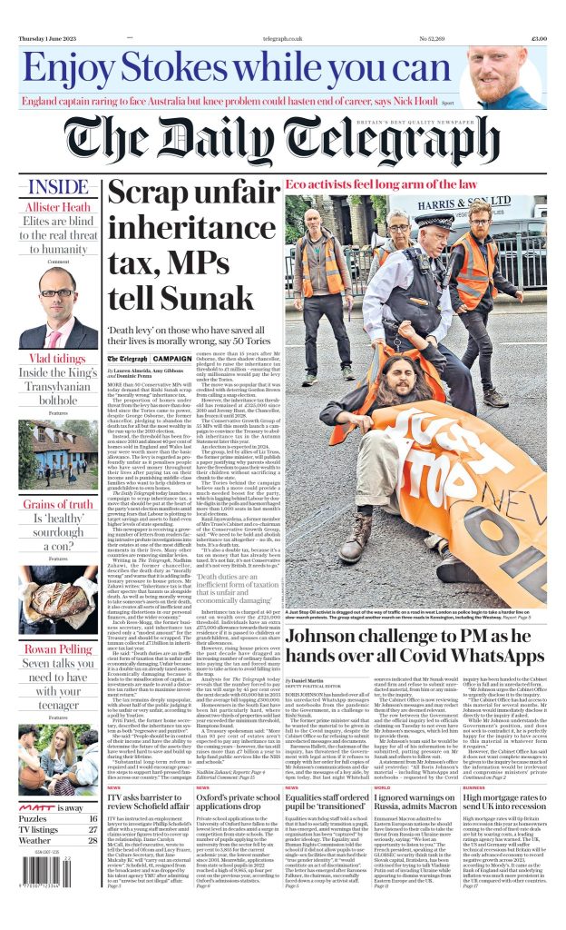 Daily Telegraph Front Page 1st of June 2023 - Tomorrow's Papers Today!