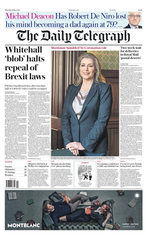 Daily Telegraph Front Page 11th of May 2023 - Tomorrow's Papers Today!