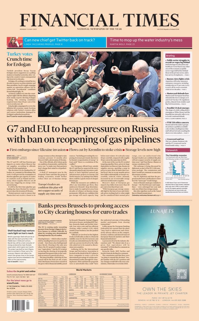 Financial Times Front Page 15th of May 2023 - Tomorrow's Papers Today!