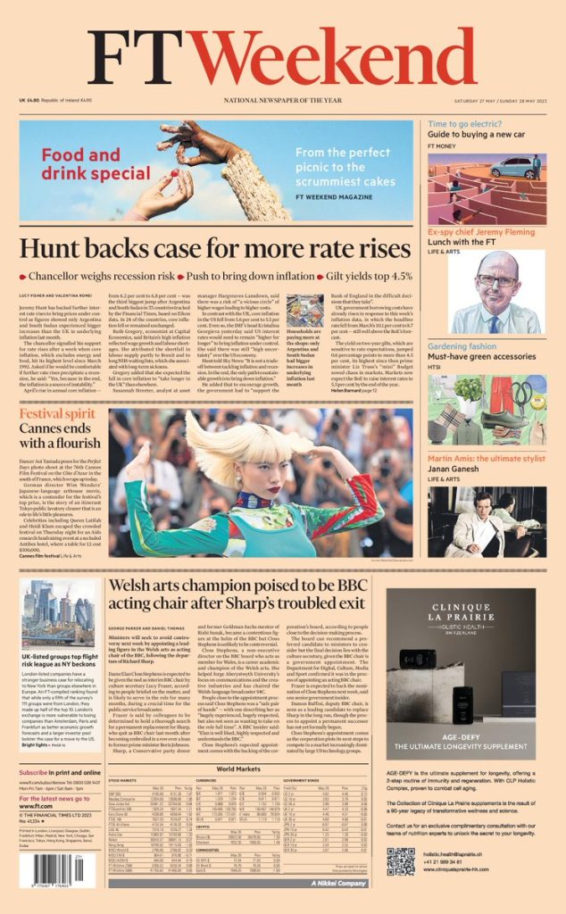 Financial Times Front Page 27th of May 2023 - Tomorrow's Papers Today!