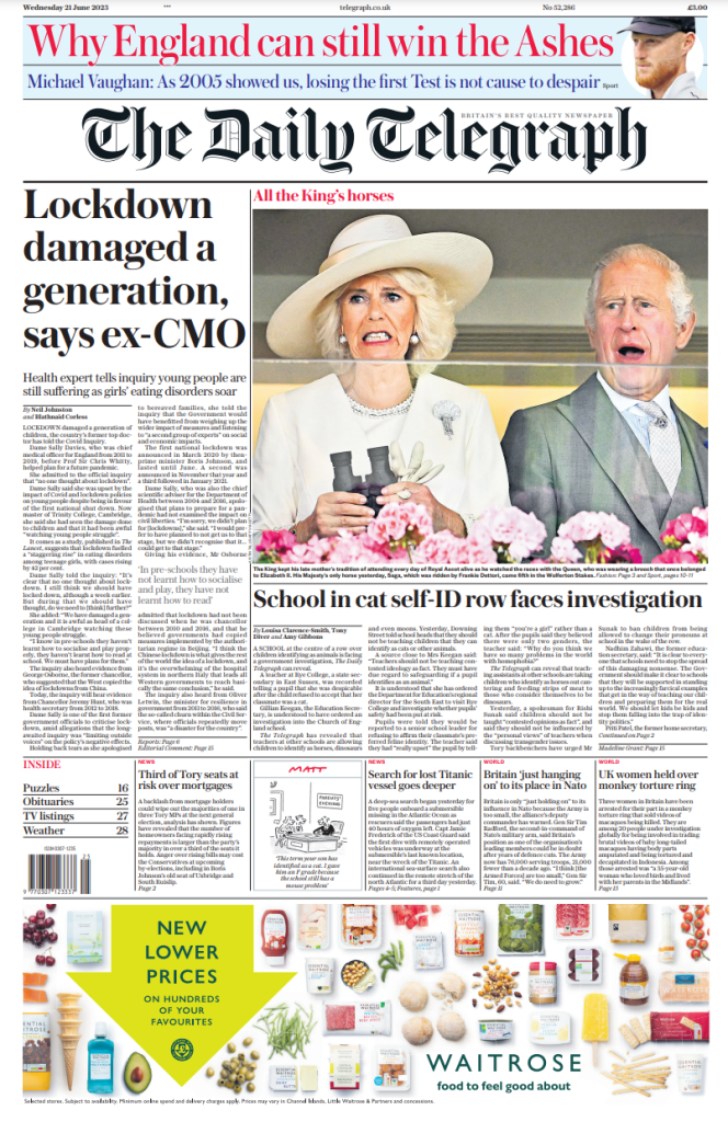 Daily Telegraph Front Page 21st of June 2023 - Tomorrow's Papers Today!