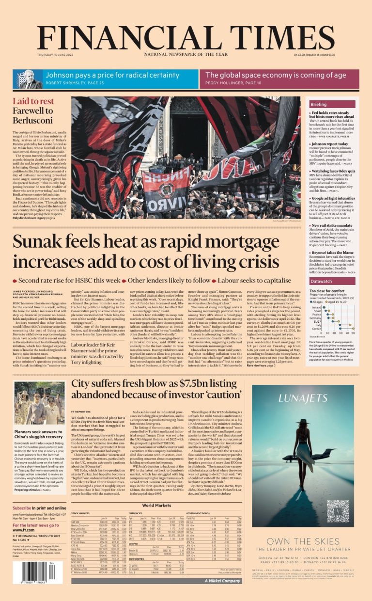 Financial Times Front Page 15th of June 2023 - Tomorrow's Papers Today!