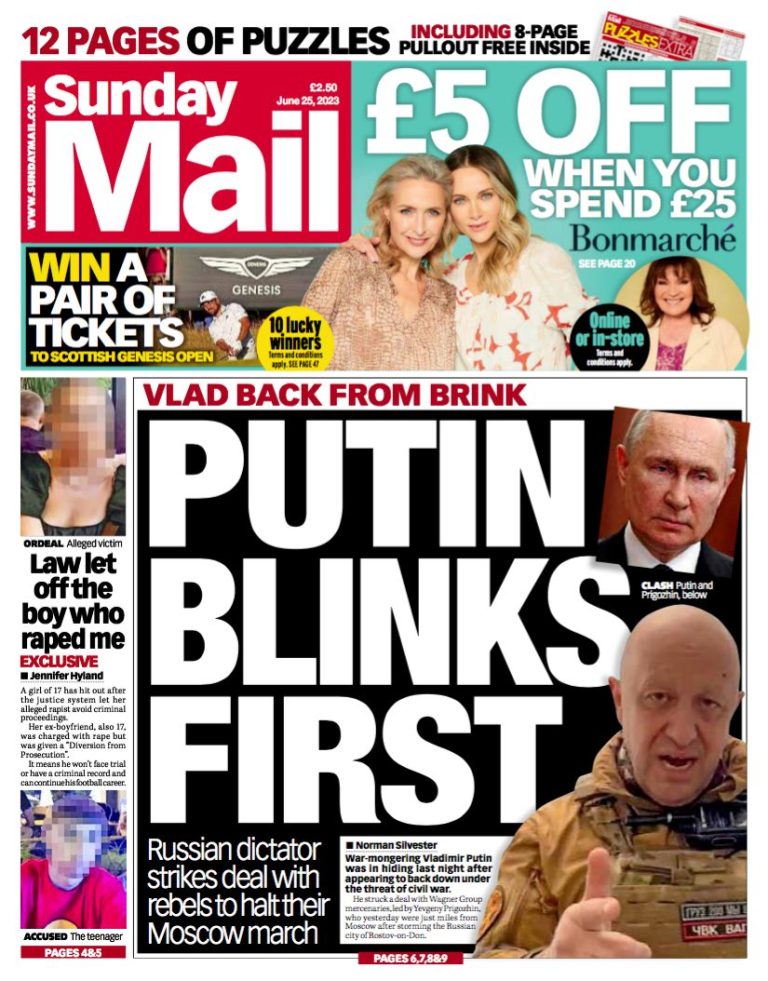 Sunday Mail Front Page 25th of June 2023 - Tomorrow's Papers Today!