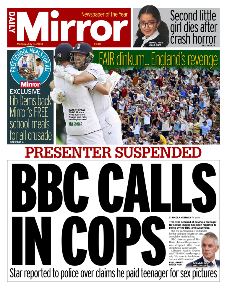Daily Mirror Front Page 10th of July 2023 - Tomorrow's Papers Today!
