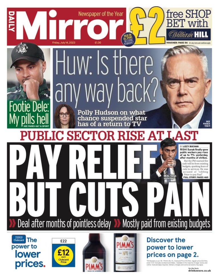 Daily Mirror Front Page 14th of July 2023 - Tomorrow's Papers Today!