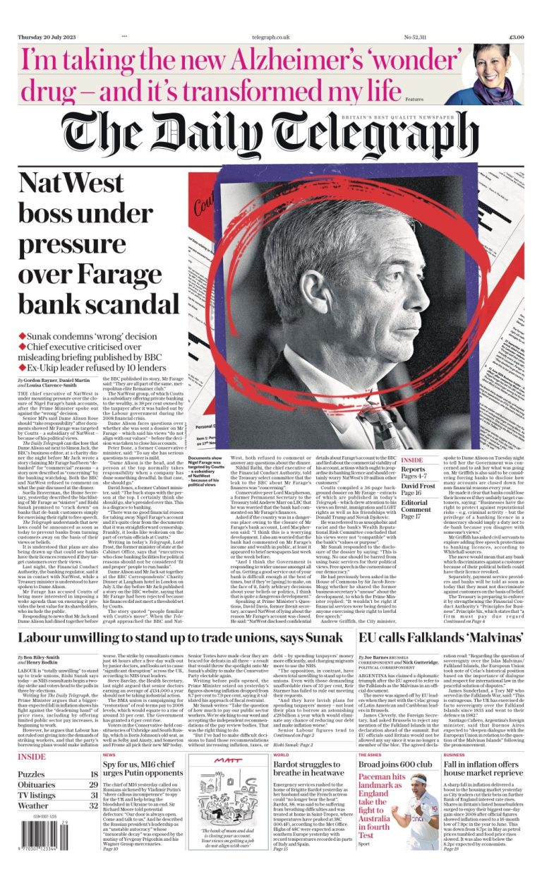 Daily Telegraph Front Page 20th of July 2023 - Tomorrow's Papers Today!
