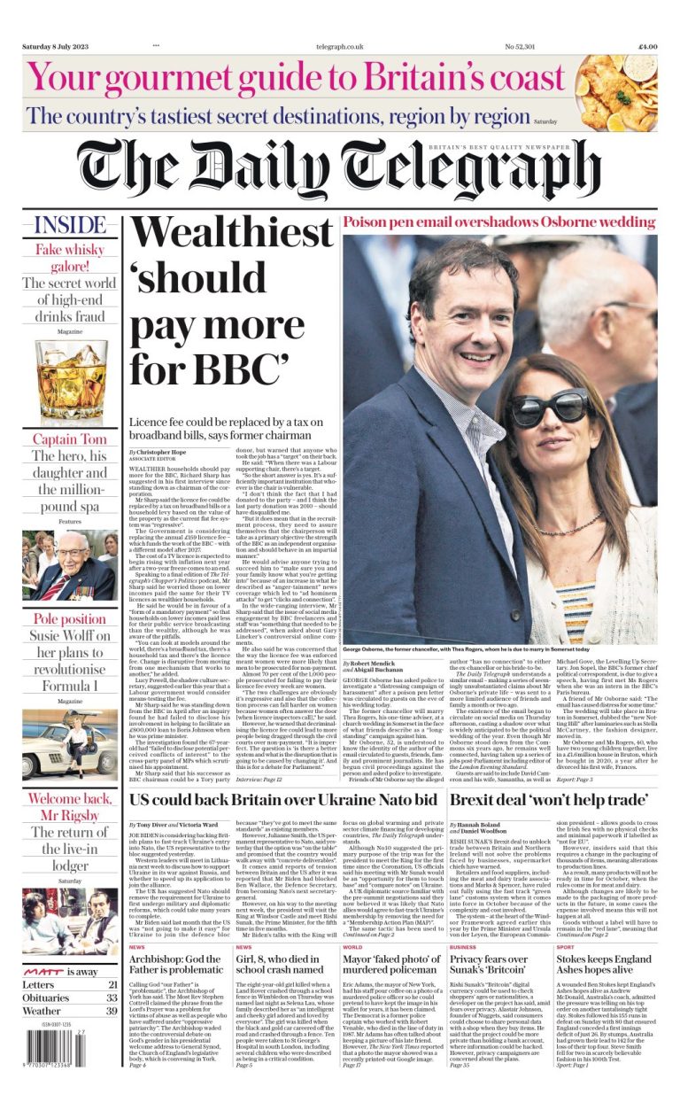 Daily Telegraph Front Page 8th of July 2023 - Tomorrow's Papers Today!