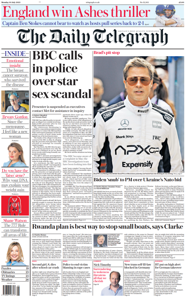 Daily Telegraph Front Page 10th of July 2023 - Tomorrow's Papers Today!