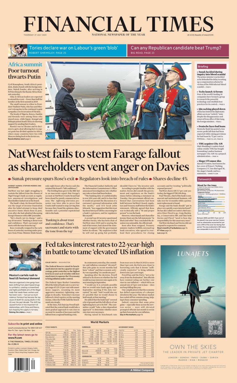 Financial Times Front Page 27th of July 2023 - Tomorrow's Papers Today!