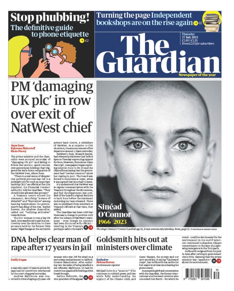 Guardian Front Page 27th of July 2023 - Tomorrow's Papers Today!