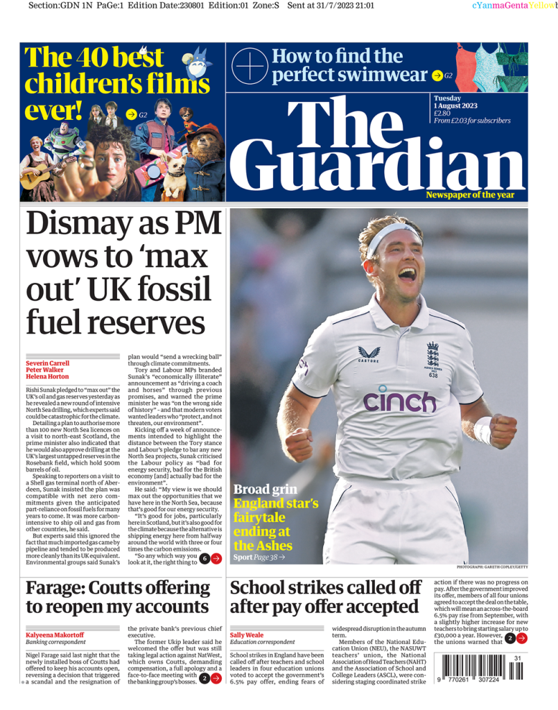 Guardian Front Page 1st of August 2023 - Tomorrow's Papers Today!