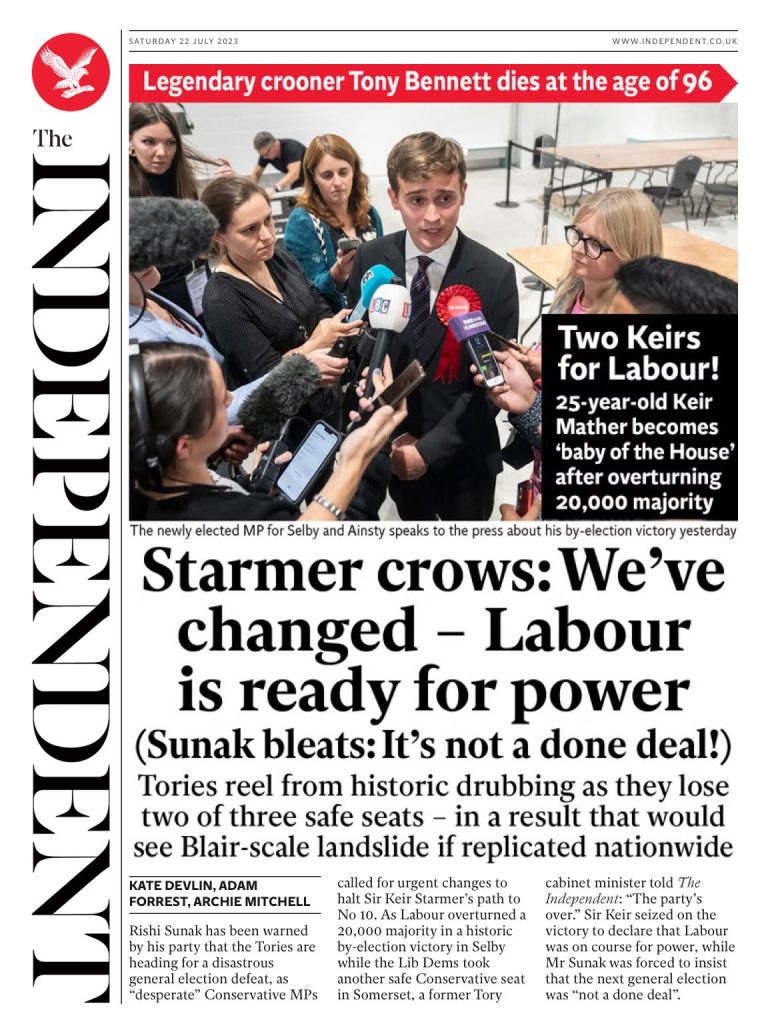 Independent Front Page 22nd of July 2023 - Tomorrow's Papers Today!