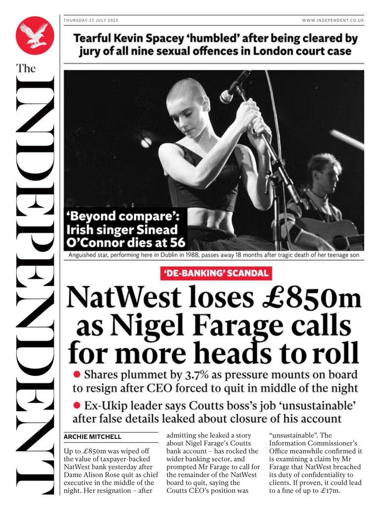 Independent Front Page 27th of July 2023 - Tomorrow's Papers Today!