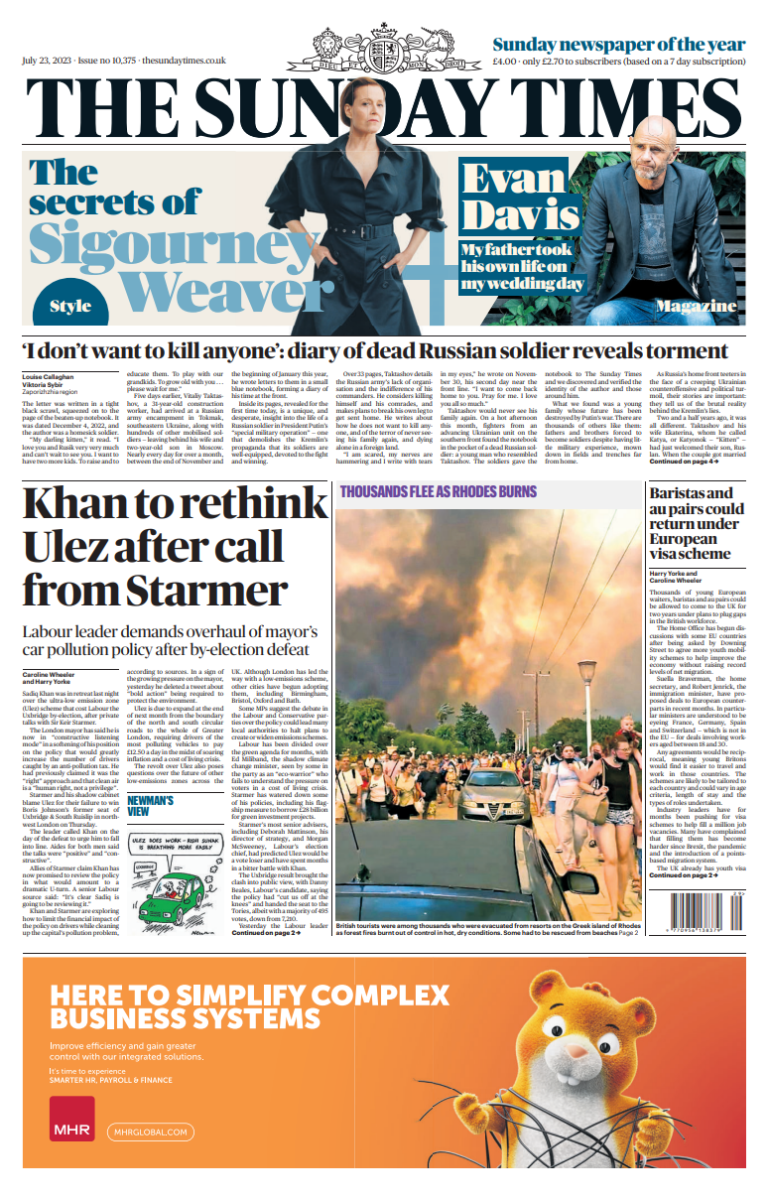 Sunday Times Front Page 23rd of July 2023 - Tomorrow's Papers Today!