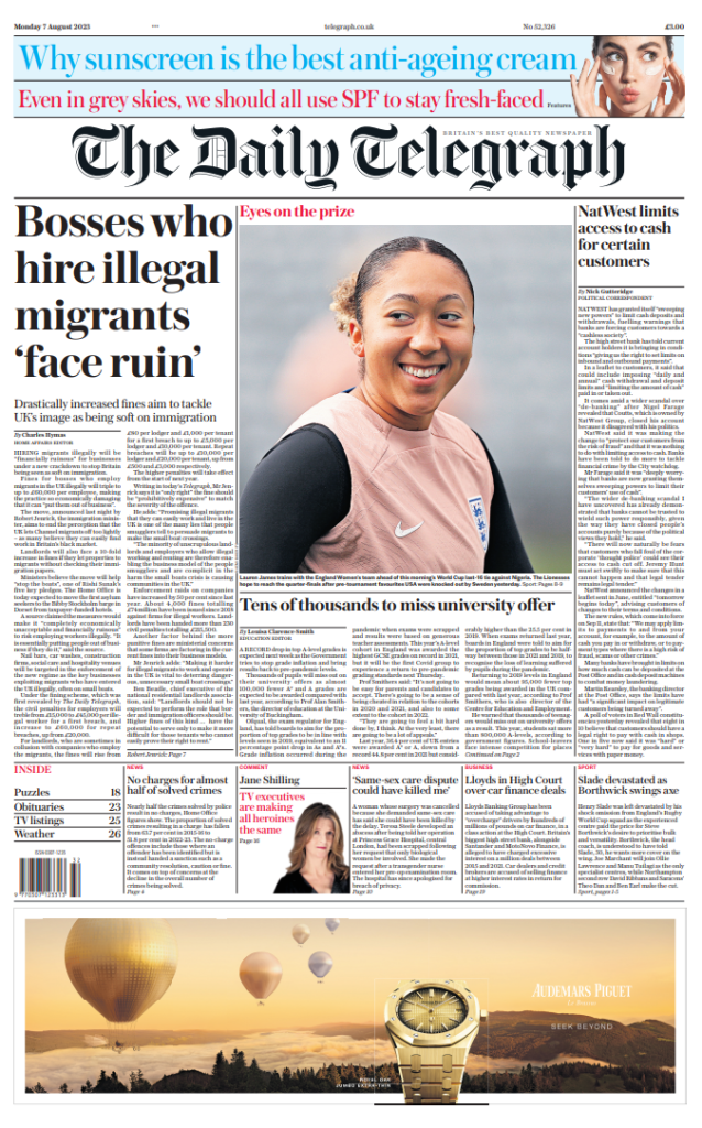 Daily Telegraph Front Page 7th of August 2023 - Tomorrow's Papers Today!