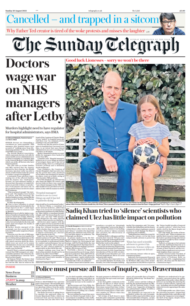 Sunday Telegraph Front Page 20th of August 2023 - Tomorrow's Papers Today!