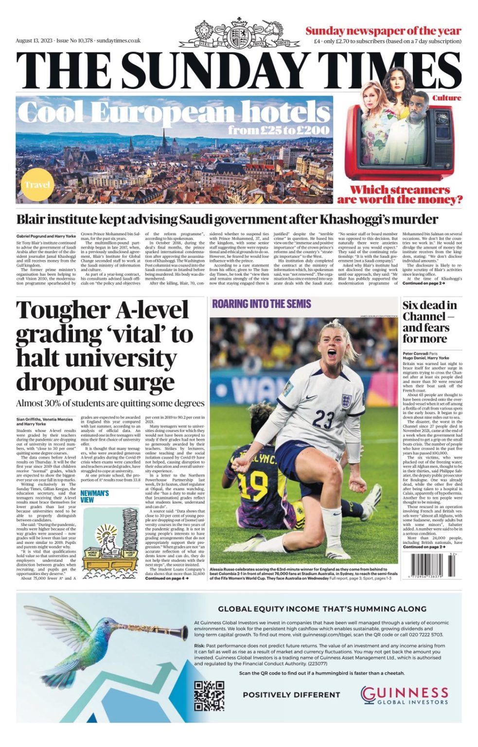 Sunday Times Front Page 13th of August 2023 - Tomorrow's Papers Today!