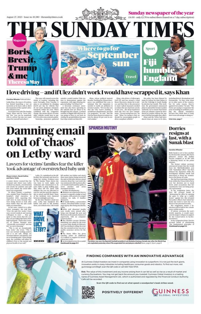 Sunday Times Front Page 27th of August 2023 - Tomorrow's Papers Today!