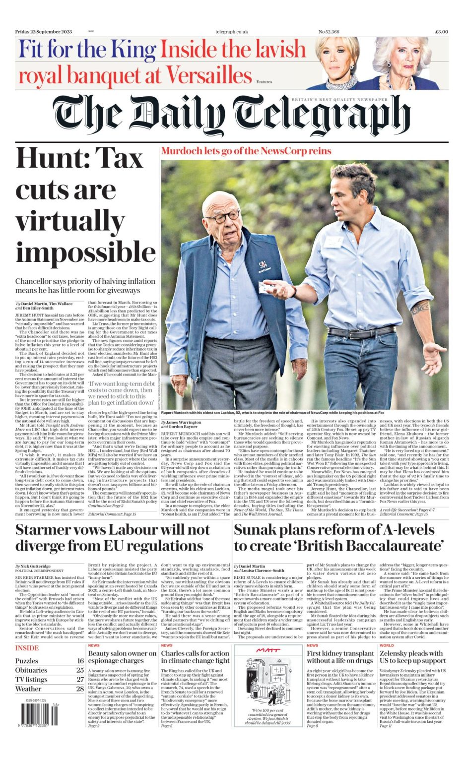 Daily Telegraph Front Page 22nd of September 2023 - Tomorrow's Papers ...