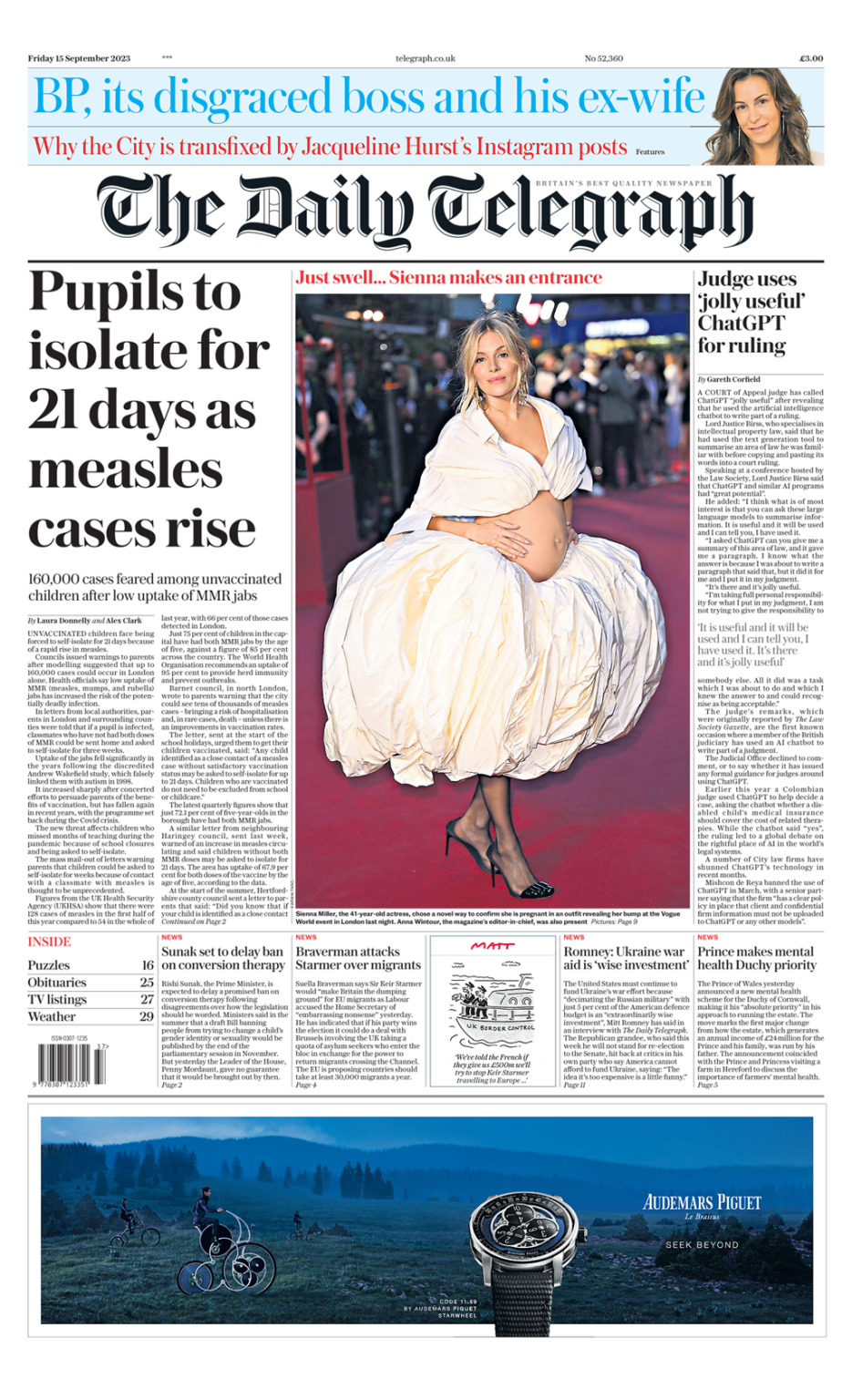 Daily Telegraph Front Page 15th of September 2023 - Tomorrow's Papers ...
