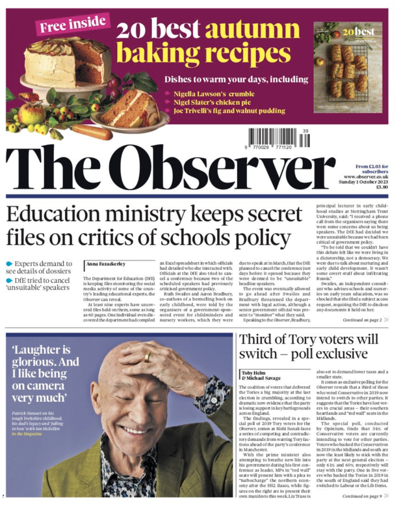 Observer Front Page 1st of October 2023 - Tomorrow's Papers Today!