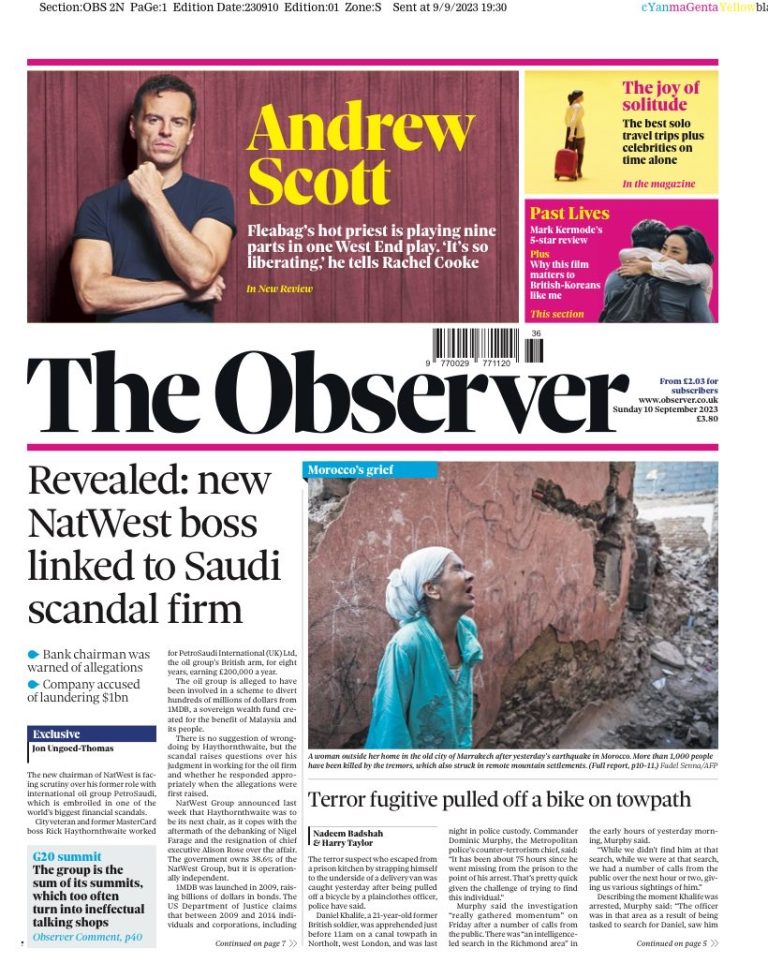 Observer Front Page 10th of September 2023 - Tomorrow's Papers Today!