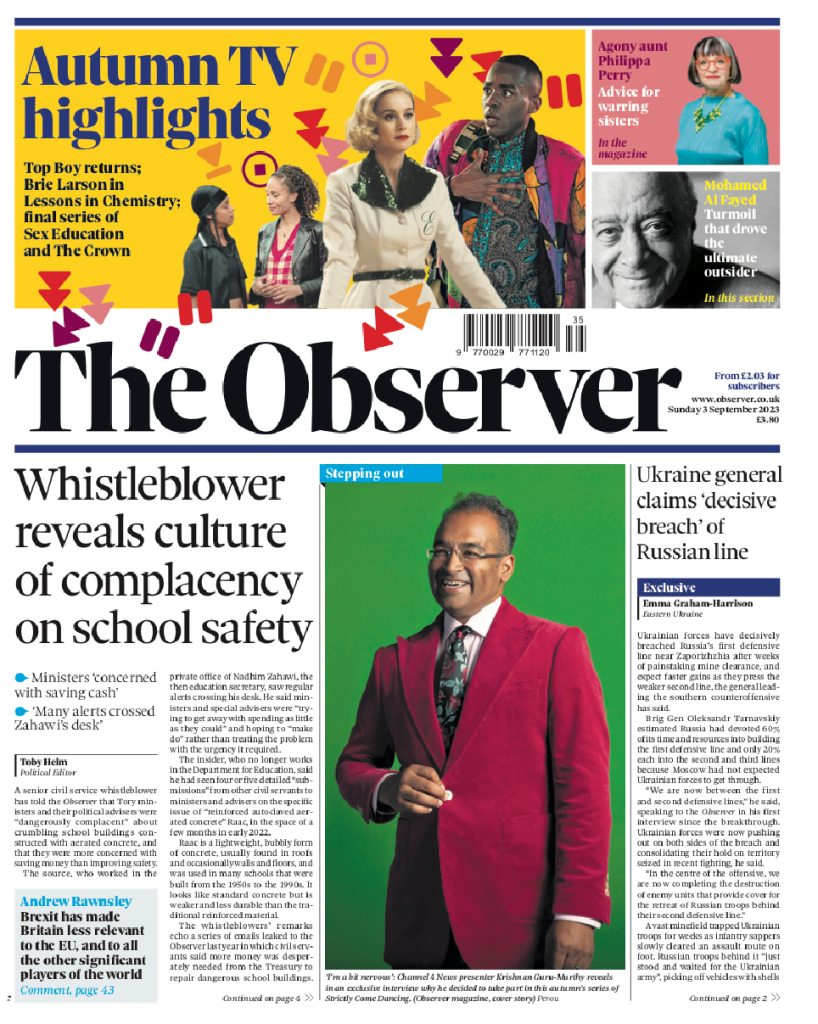 Observer Front Page 3rd of September 2023 - Tomorrow's Papers Today!