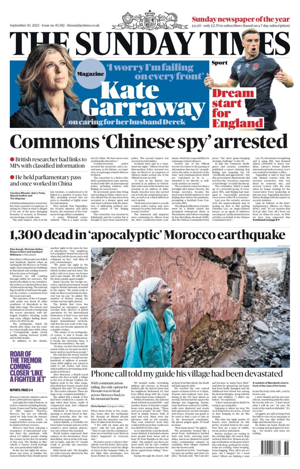 Sunday Times Front Page 10th of September 2023 - Tomorrow's Papers Today!