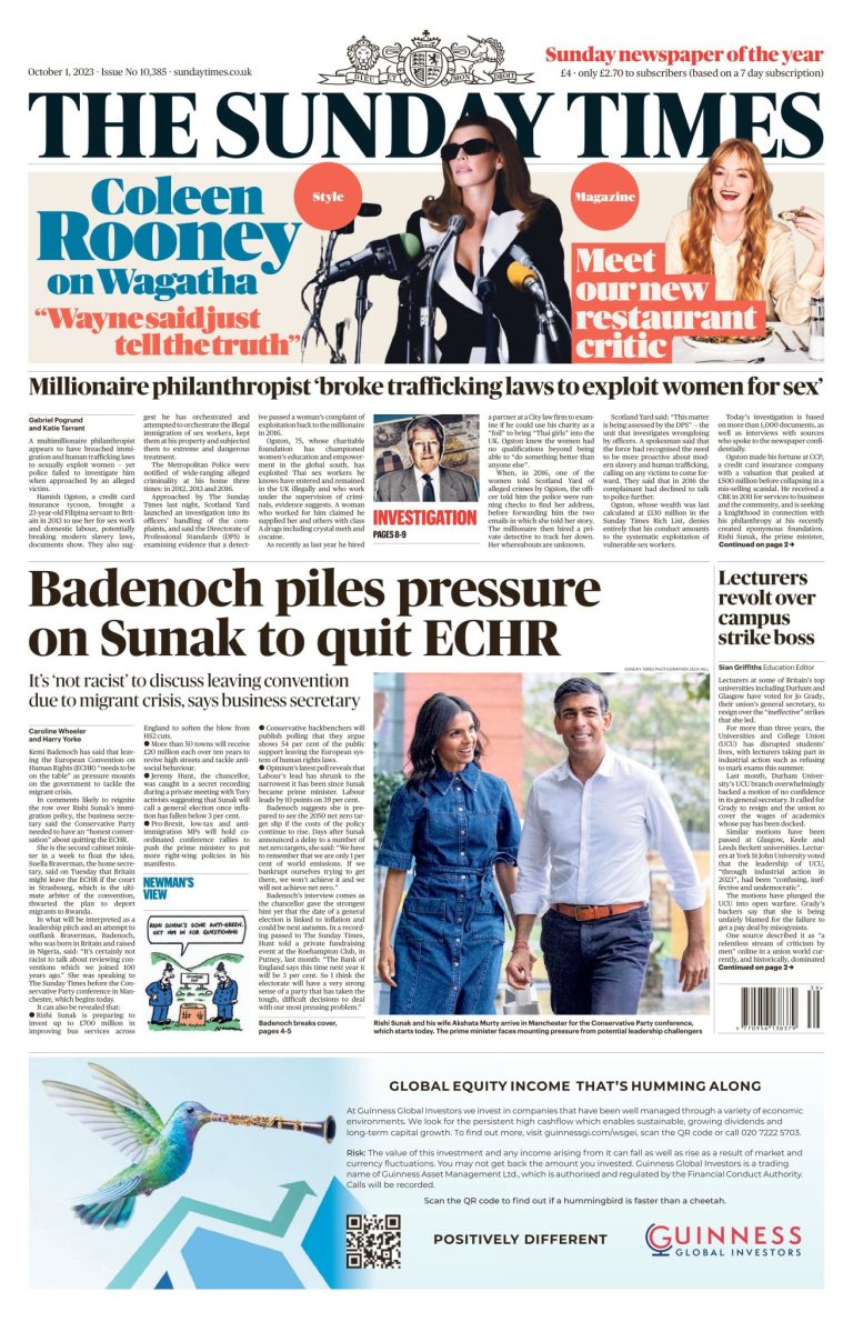 Sunday Times Front Page 1st of October 2023 - Tomorrow's Papers Today!